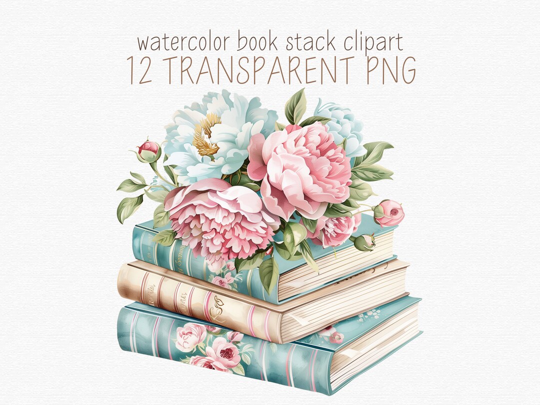 12 Book Stack Watercolor Clipart - Floral Stack of Books Clipart ...