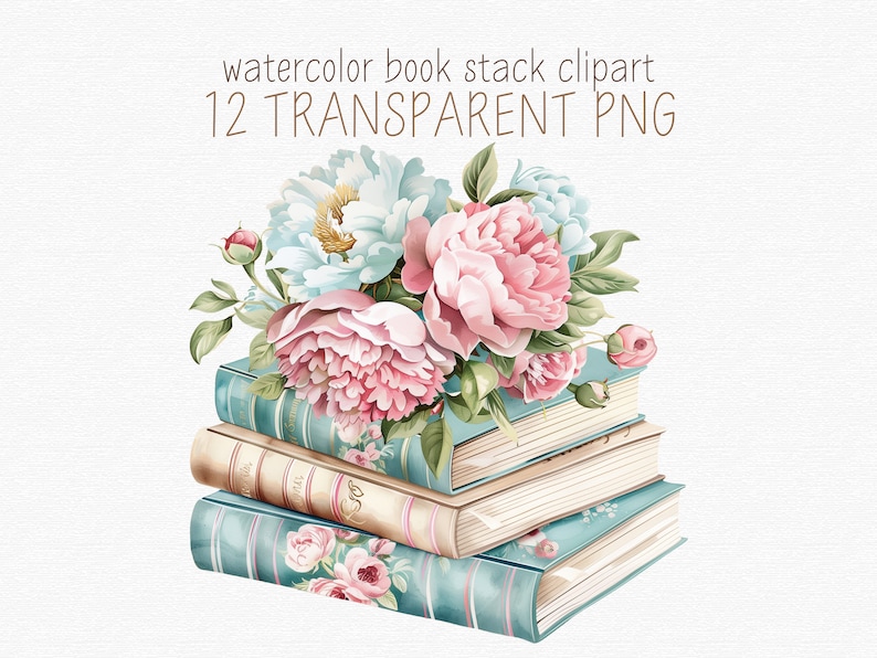 12 Book Stack Watercolor Clipart - Floral Stack of Books Clipart ...