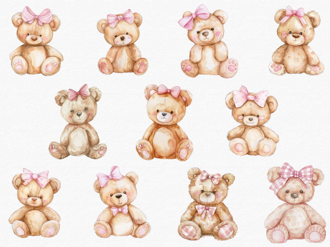 11 Teddy Bear Watercolor Clipart - Bear With Pink Bow - Teddy Bear Baby ...