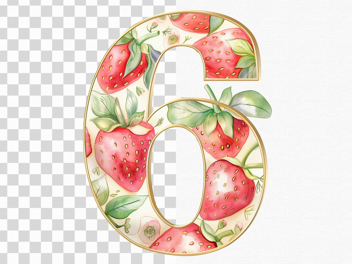 Watercolor Strawberry Number Clipart - Gold Border - Strawberry PNG - 0 ...