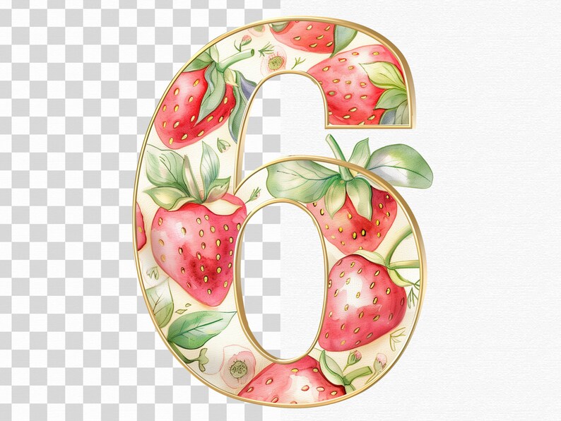 Watercolor Strawberry Number Clipart - Gold Border - Strawberry PNG - 0 ...