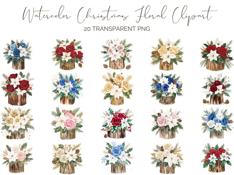 Christmas Floral Clipart - Watercolor Christmas Boquet - Poinsettia PNG ...