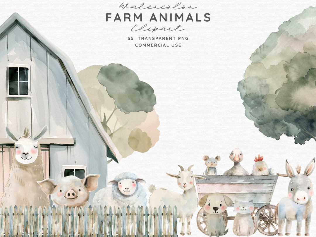 Watercolor Farm Animal Clipart Bundle, Nursery Decor, Baby Shower Decor ...