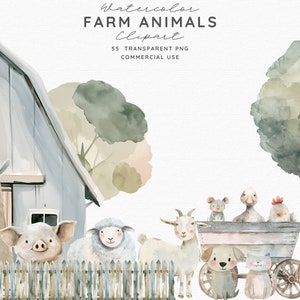 Watercolor Farm Animal Clipart Bundle, Nursery Decor, Baby Shower Decor ...