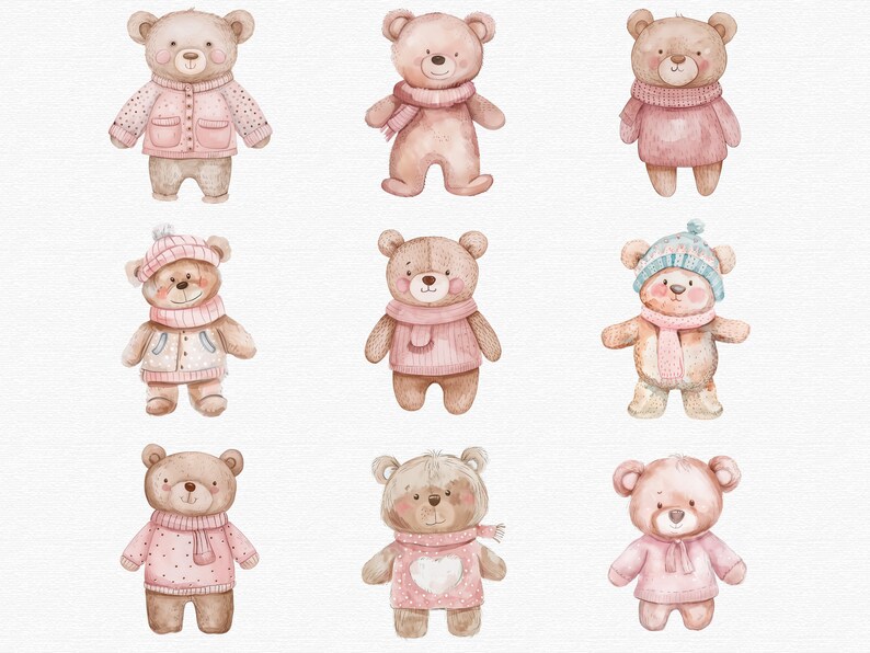 18 Teddy Bear Watercolor Clipart - Winter Fashion Teddy Bear - Teddy ...