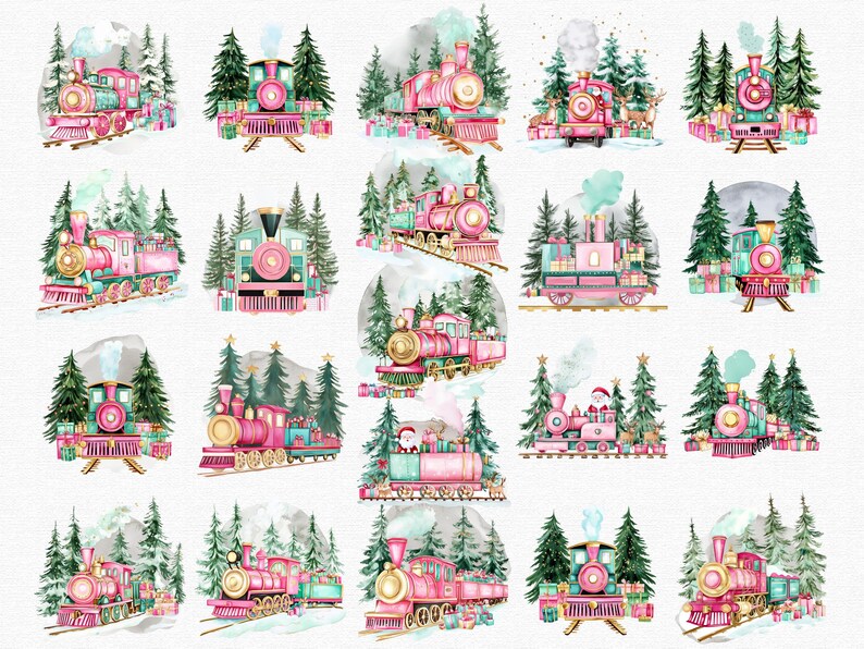 Pink Christmas Train Clipart: Watercolor PNG (digital Download) - Etsy