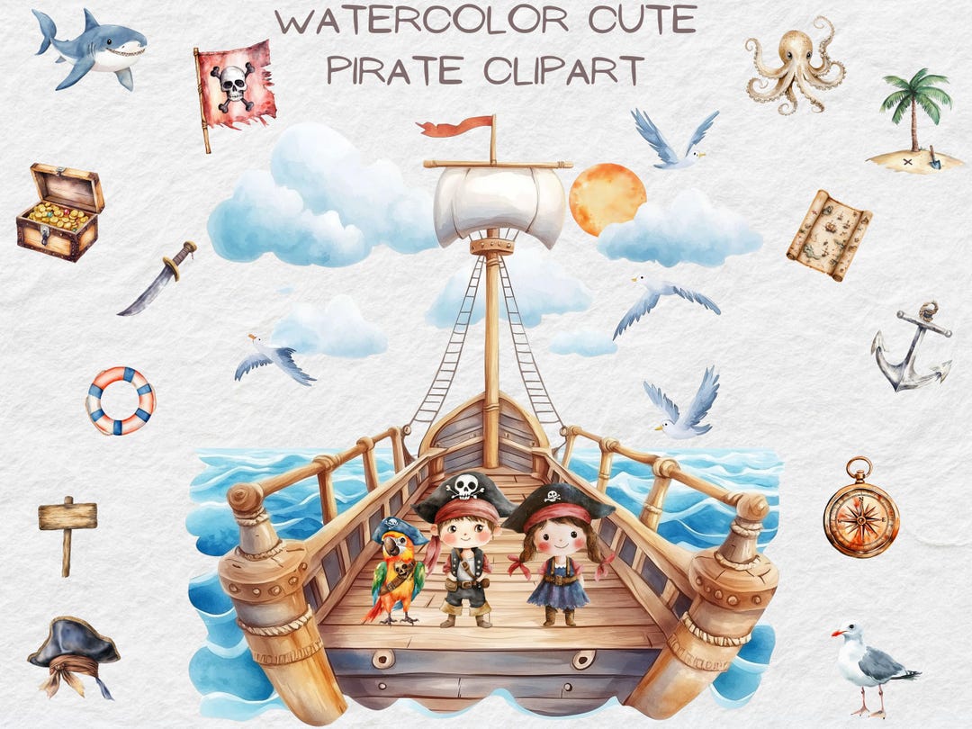 Watercolor Cute Pirate Clipart, Pirate Clipart Set, Pirate Ship ...
