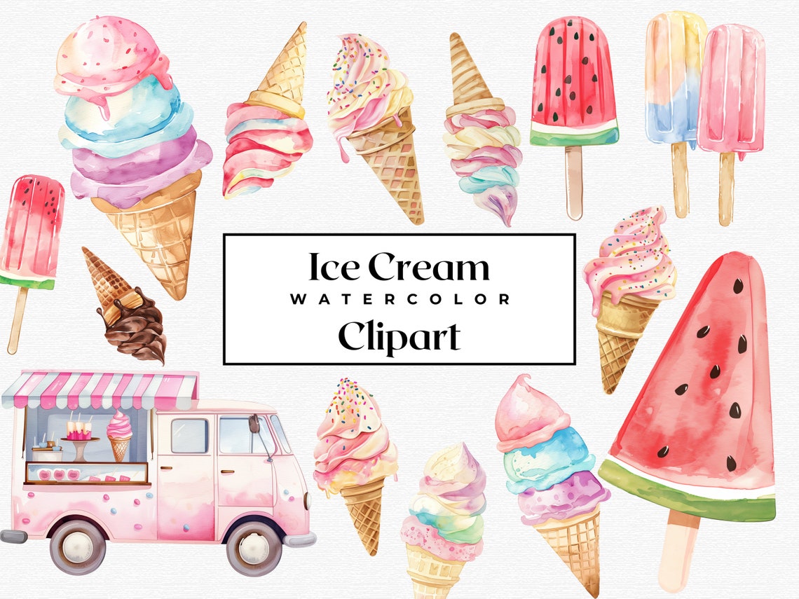 Ice Cream Watercolor Clipart, Ice Cream PNG, Icecream Clipart, Summer ...