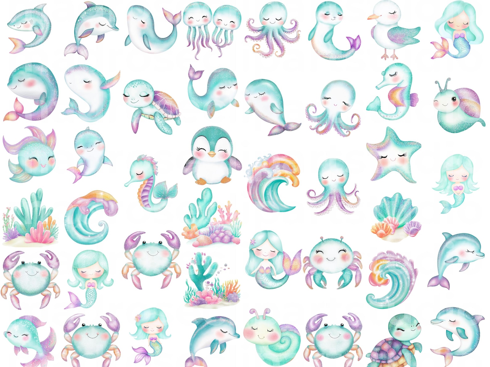 Watercolor Cute Glittery Sea Creatures Clipart Collection - Mermaid ...