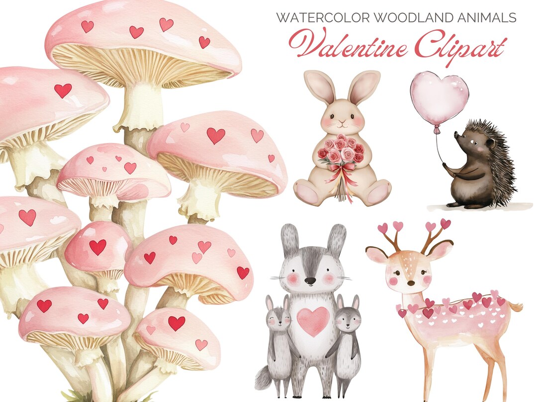 Woodland Valentine Clipart - Watercolor Valentine Clipart - Valentine ...