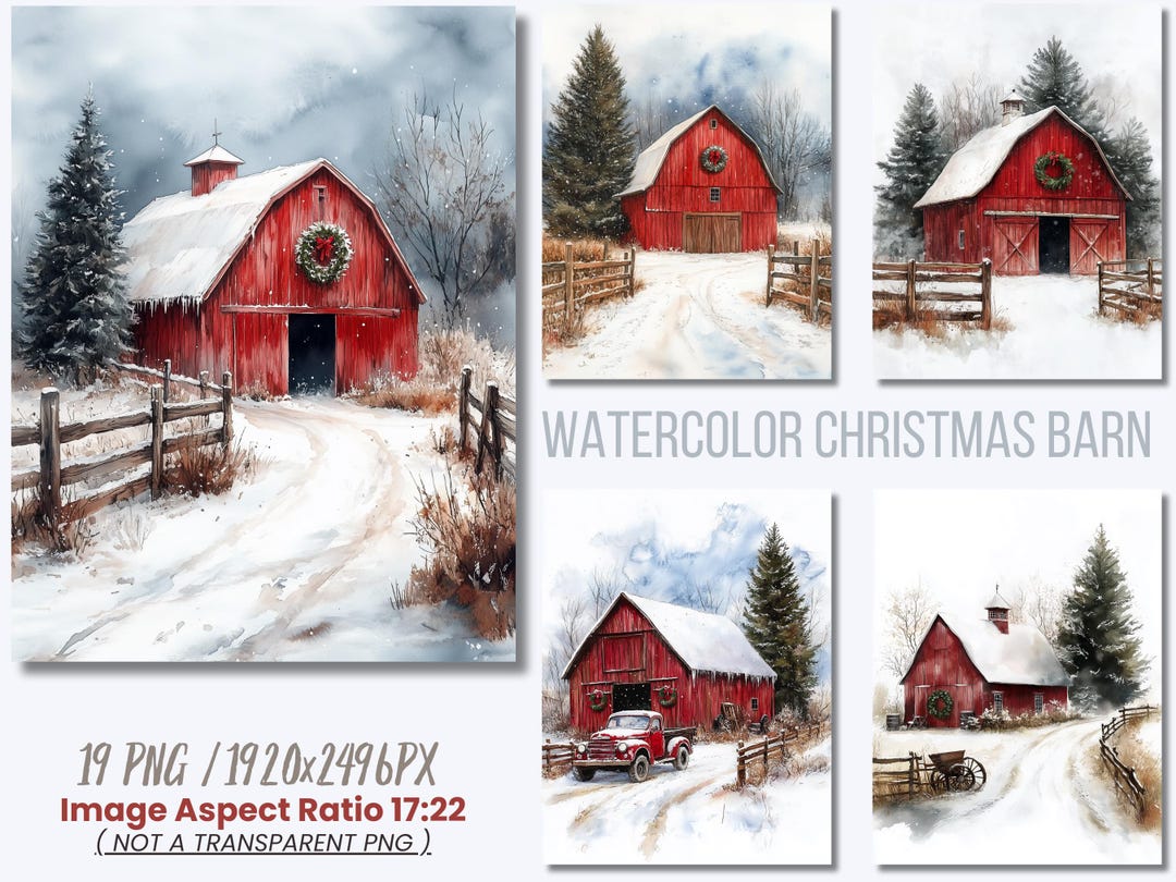 Christmas Red Barn Clipart - Watercolor Red Barn - Digital Paper ...