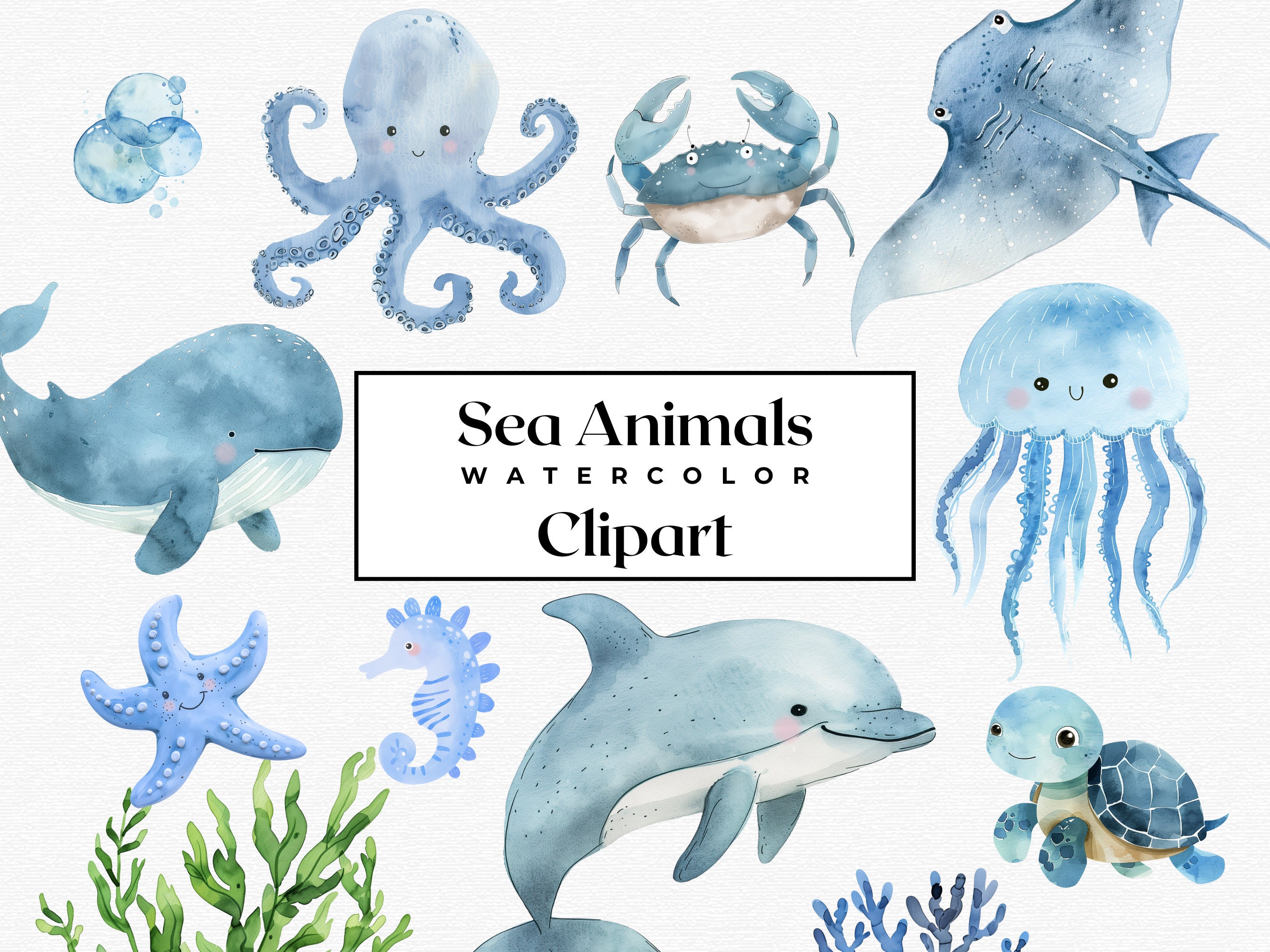Sea Animals Clipart, Little Sea Animals Clipart, Undersea Watercolor ...
