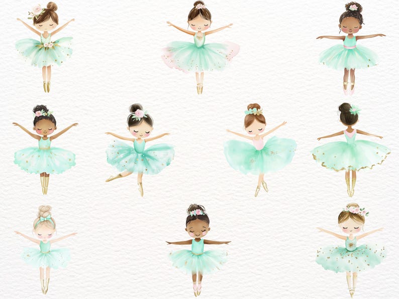 Pink, Green & Gold Ballerina Clipart, Swan Lake Clipart, Watercolor ...