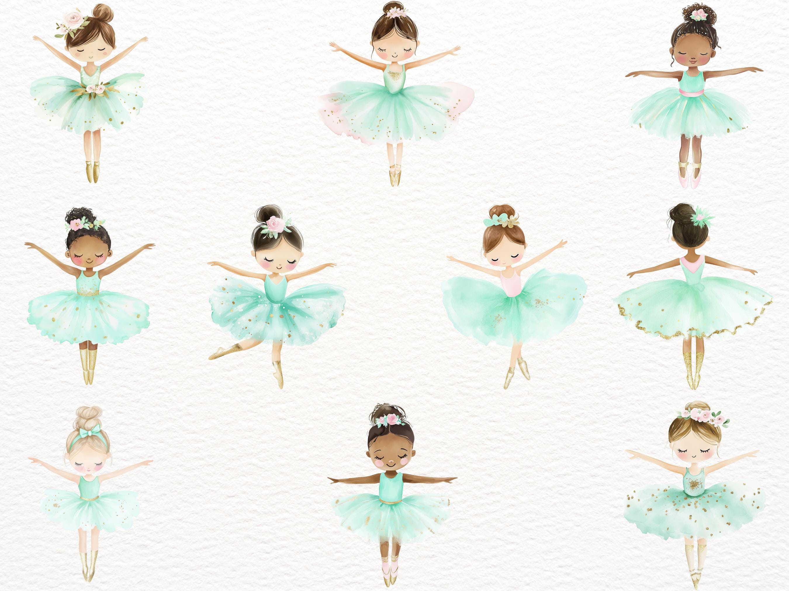 Pink, Green & Gold Ballerina Clipart, Swan Lake Clipart, Watercolor ...