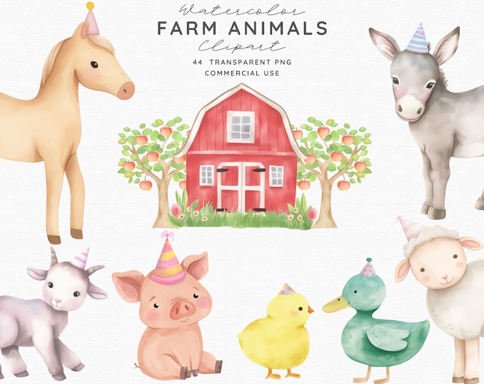 Watercolor Pastel Farm Animal Clipart Bundle, Nursery Decor, Baby ...