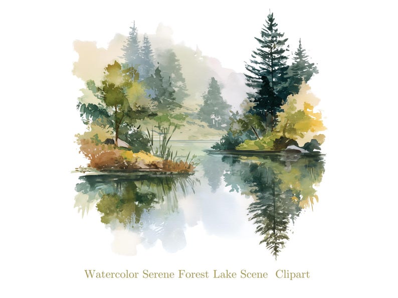 10 Watercolor Lake Clipart PNG, Serene Forest Lake Scene, Nature ...