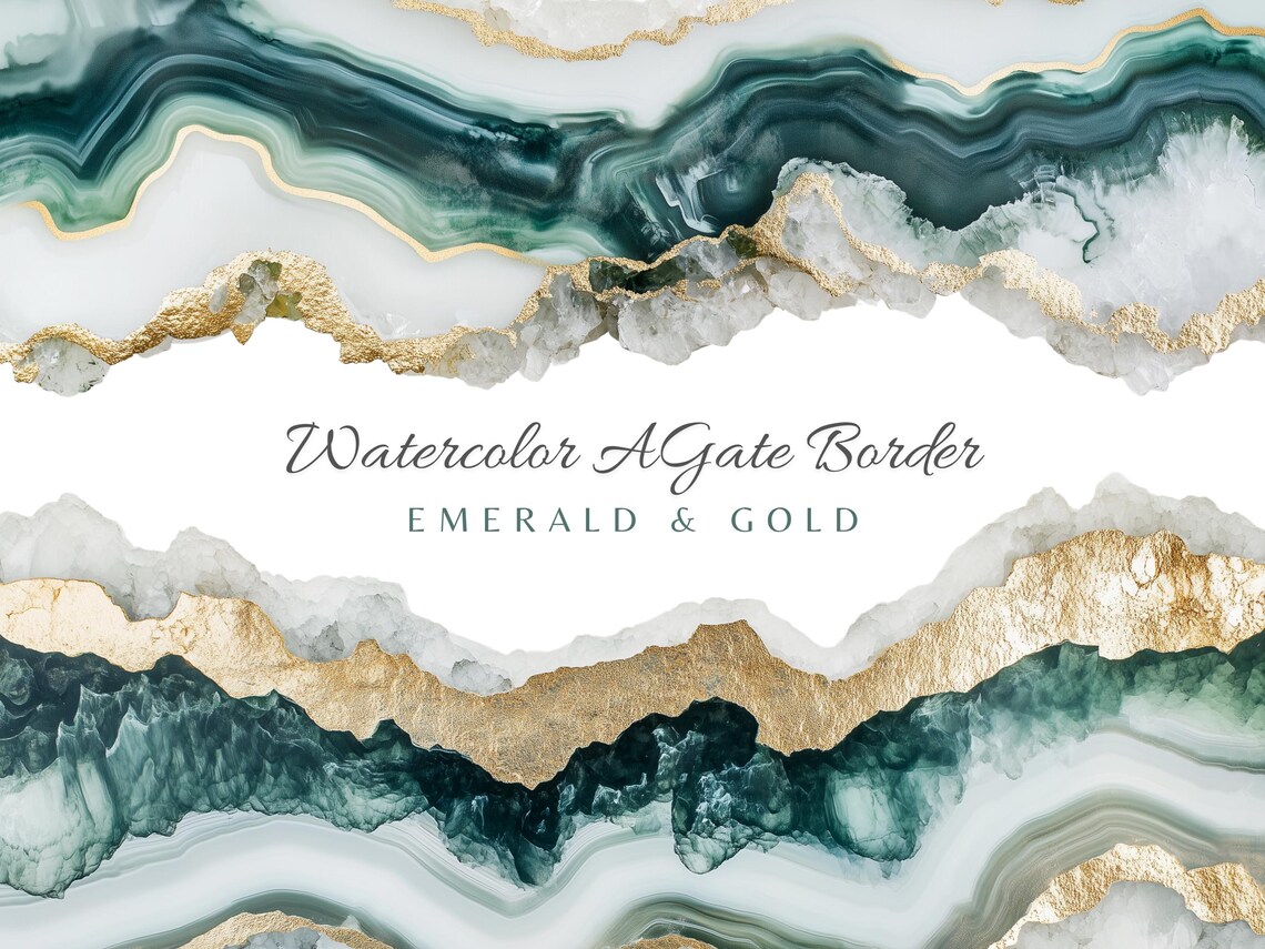 Emerald & Gold Agate Border Clipart PNG, Watercolor Geode Clip Art ...