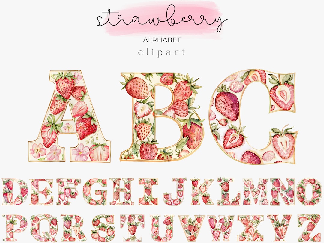 Watercolor Strawberry Alphabet Clipart - Gold Border - Strawberry ...