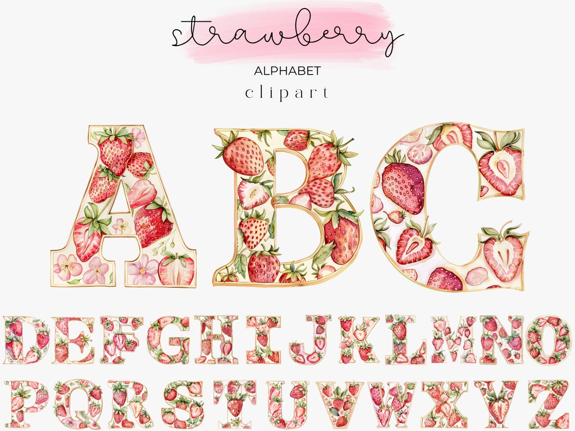 Watercolor Strawberry Alphabet Clipart - Gold Border - Strawberry ...