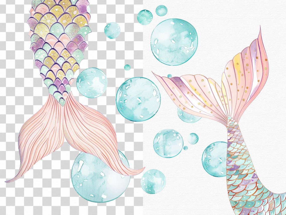 Watercolor Mermaid Tails With Glitter - Mermaid Tail Clipart - 60 PNG ...