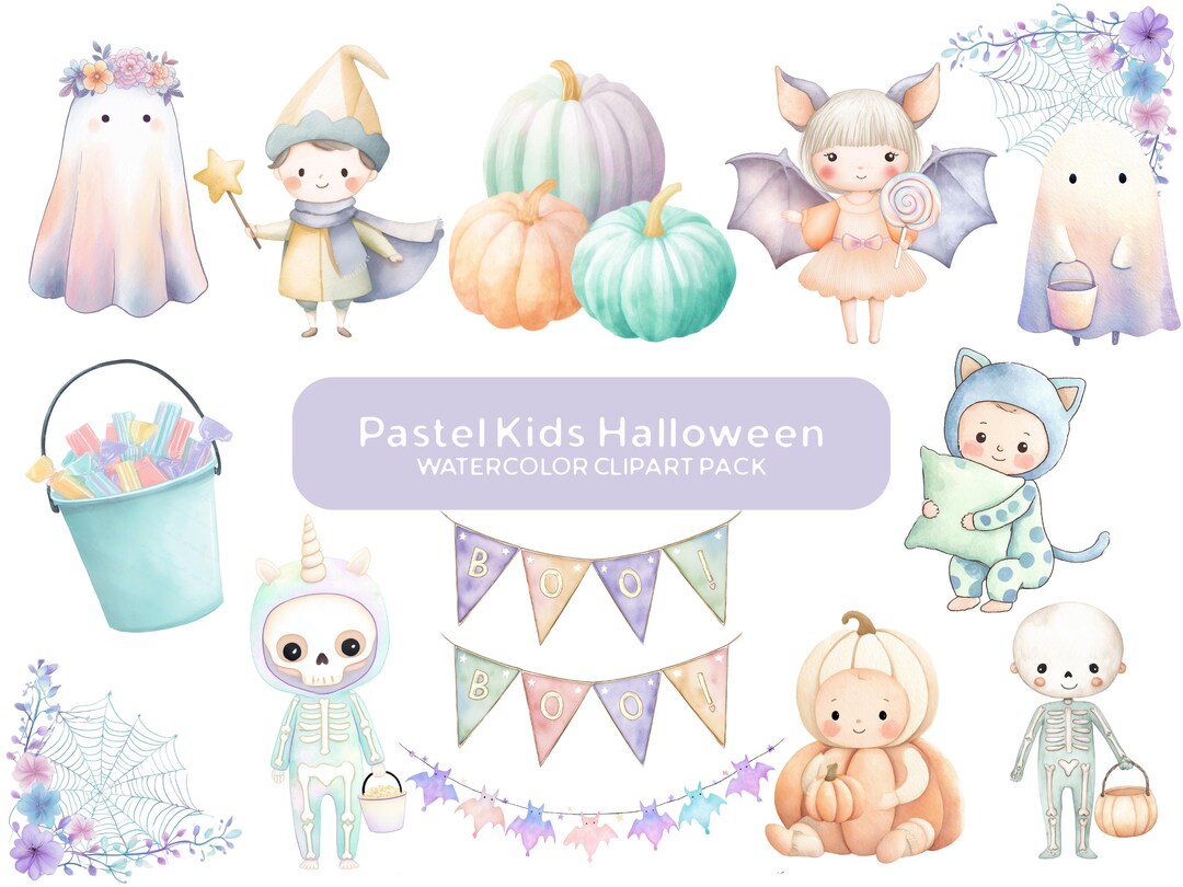 Pastel Halloween Clipart PNG Bundle | Cute Watercolor Halloween Kids ...