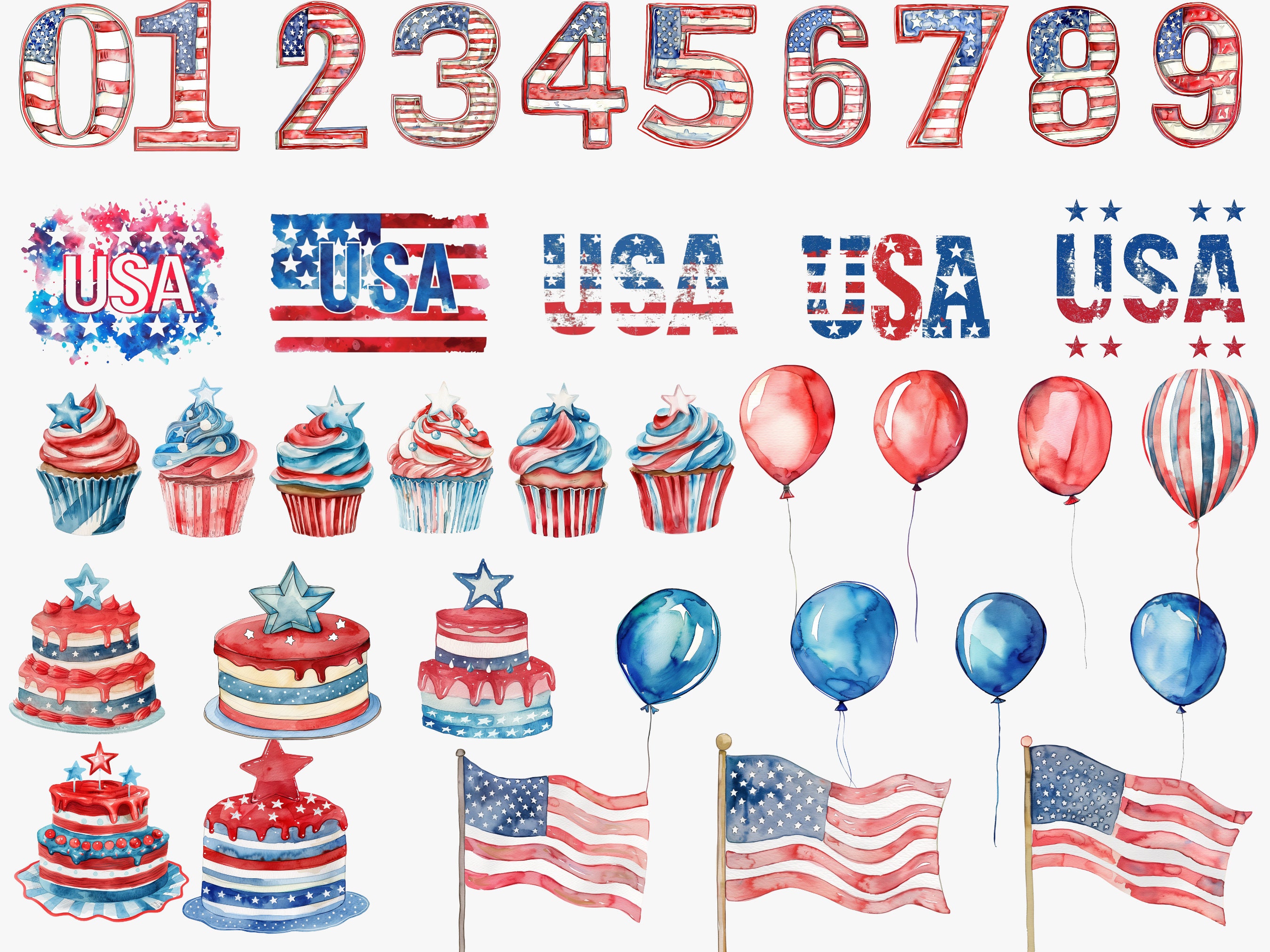 Watercolor 4th of July Clipart, USA Independence Day Clipart, 1776 PNG ...