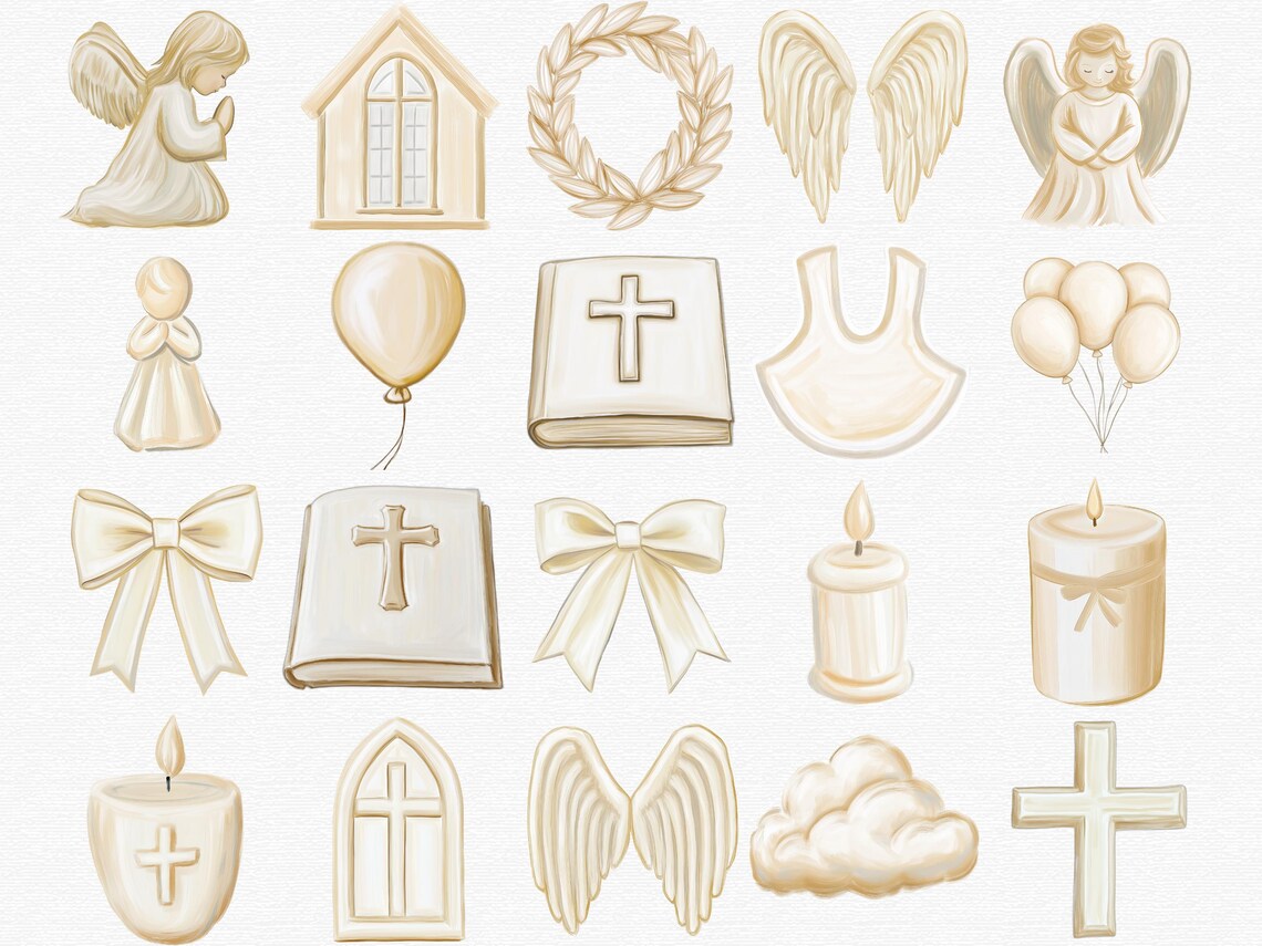 62 Watercolor Neutral Baptism Clipart PNG, Christening Clipart, Bible ...