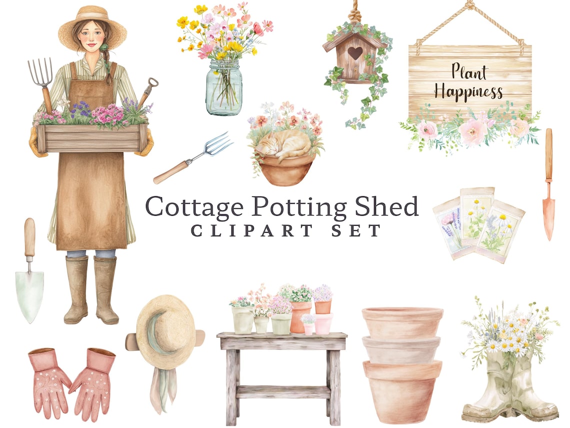 Cottage Potting Shed Clipart Bundle | Watercolor Garden Tools & Decor ...