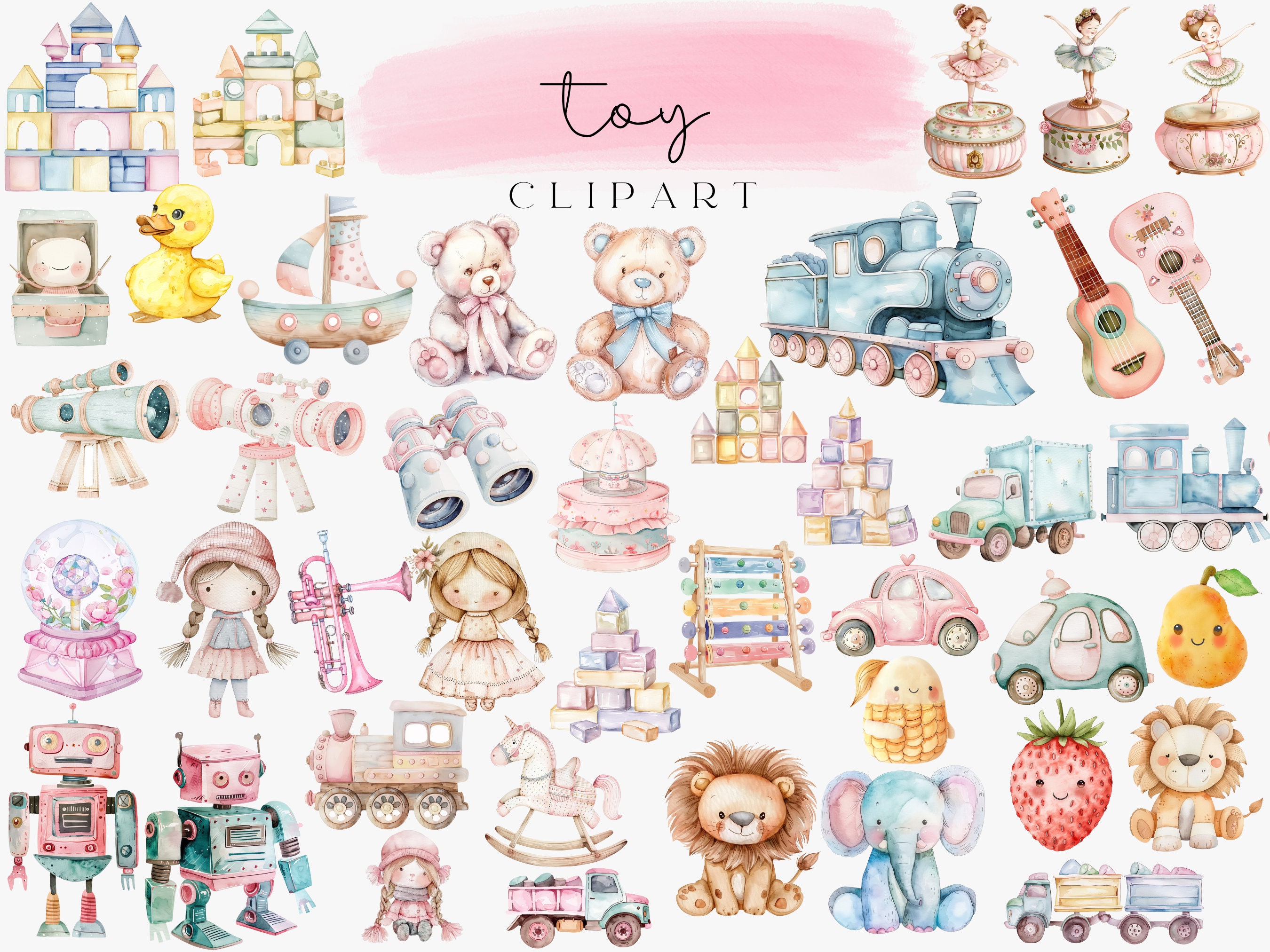 Watercolor Baby Toy Clipart, Nursery Decor, Nursery Art, Pastel Toy ...