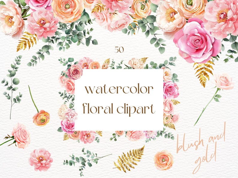 Watercolor Blush and Gold Floral Clipart - Wedding Boquet Clip Art ...
