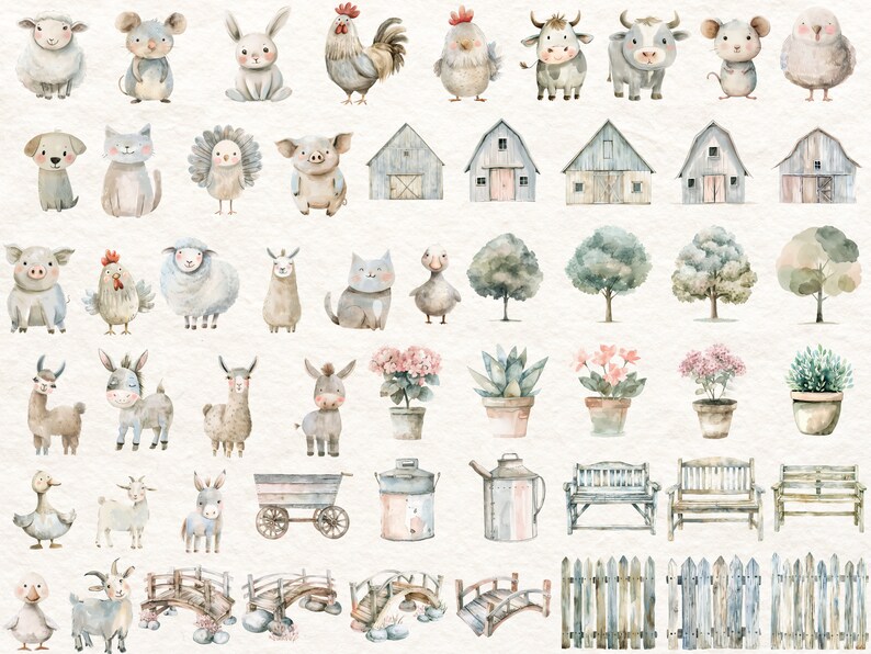 Watercolor Farm Animal Clipart Bundle, Nursery Decor, Baby Shower Decor ...
