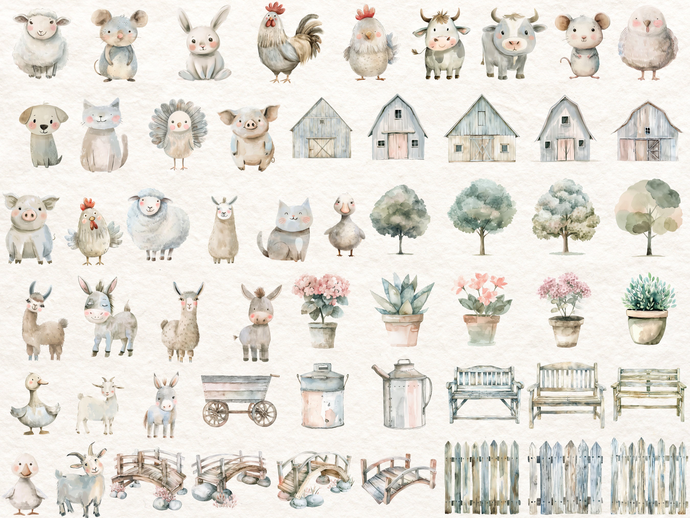 Watercolor Farm Animal Clipart Bundle, Nursery Decor, Baby Shower Decor ...