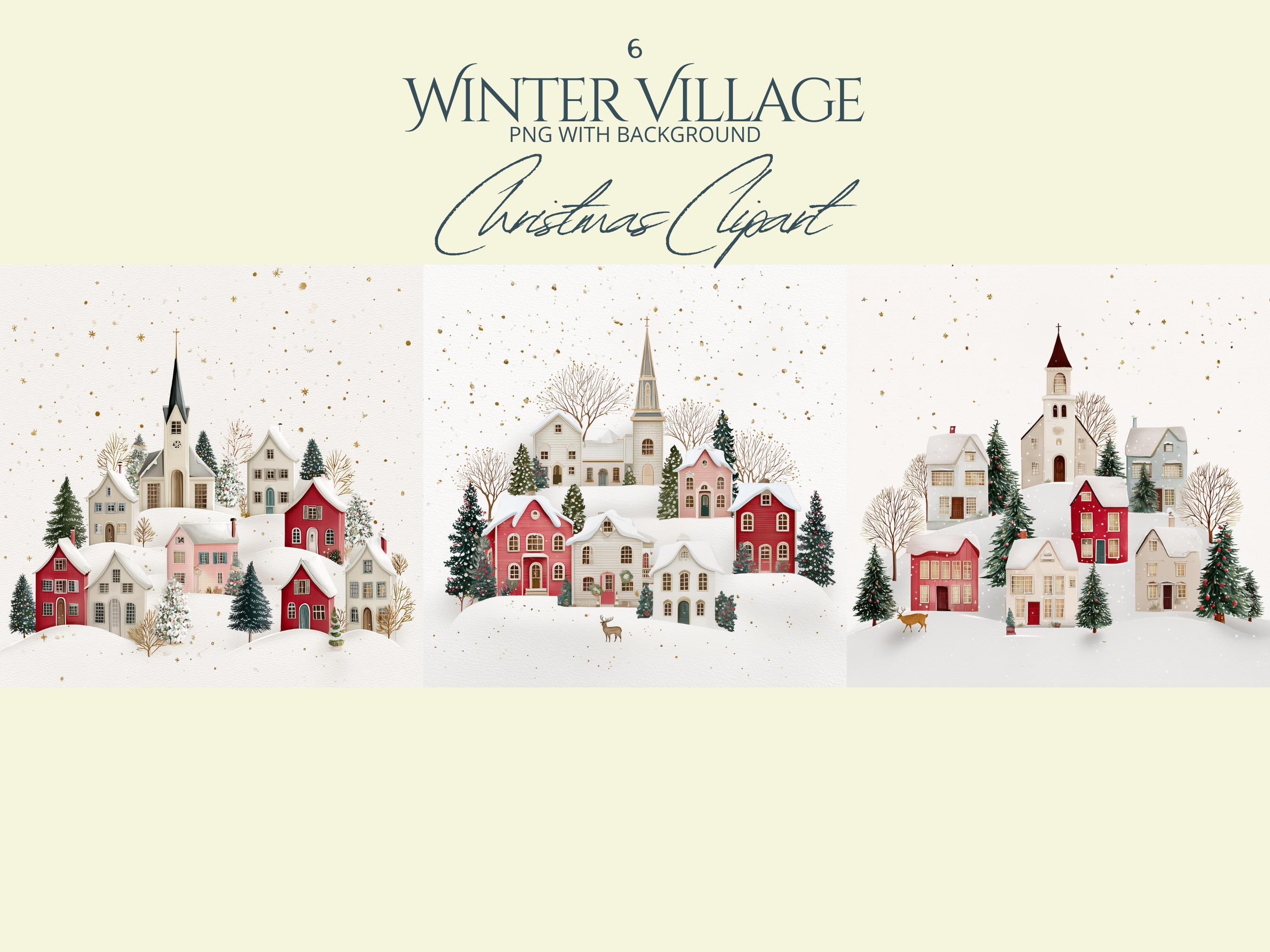 Watercolor Christmas Village Clipart: Winter Scene PNG (commercial Use ...