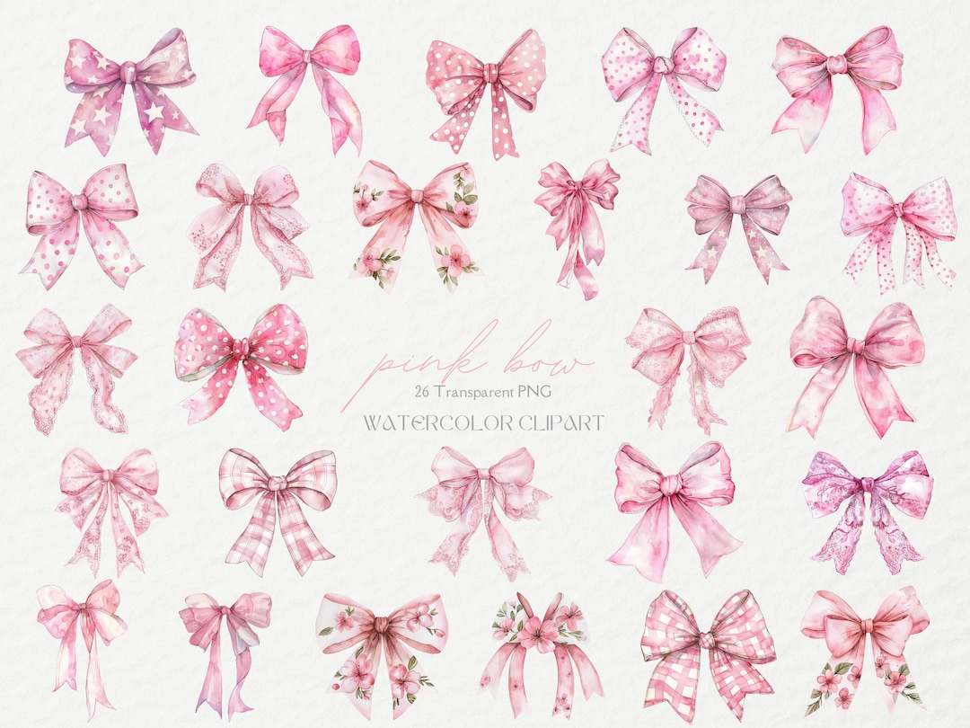 Watercolor Pink Bows Clipart - Dusty Pink Ribbon Bow - Pink Gingham Bow ...