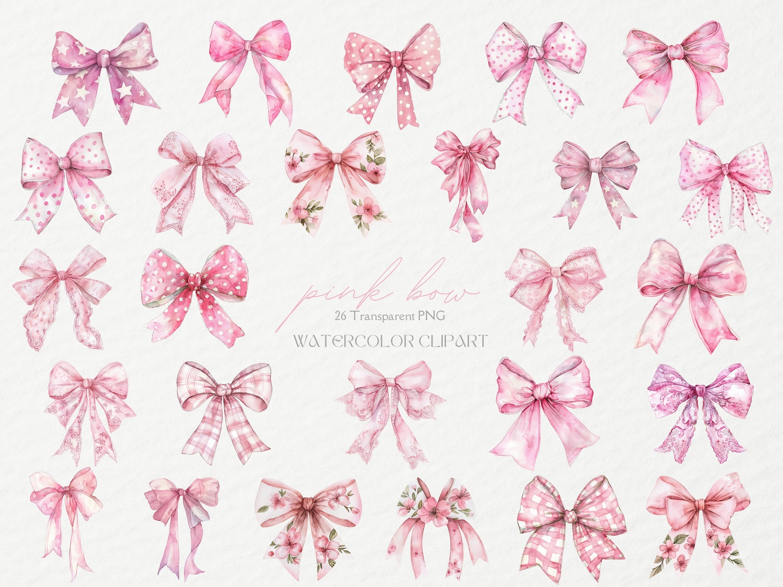 Watercolor Pink Bows Clipart - Dusty Pink Ribbon Bow - Pink Gingham Bow ...