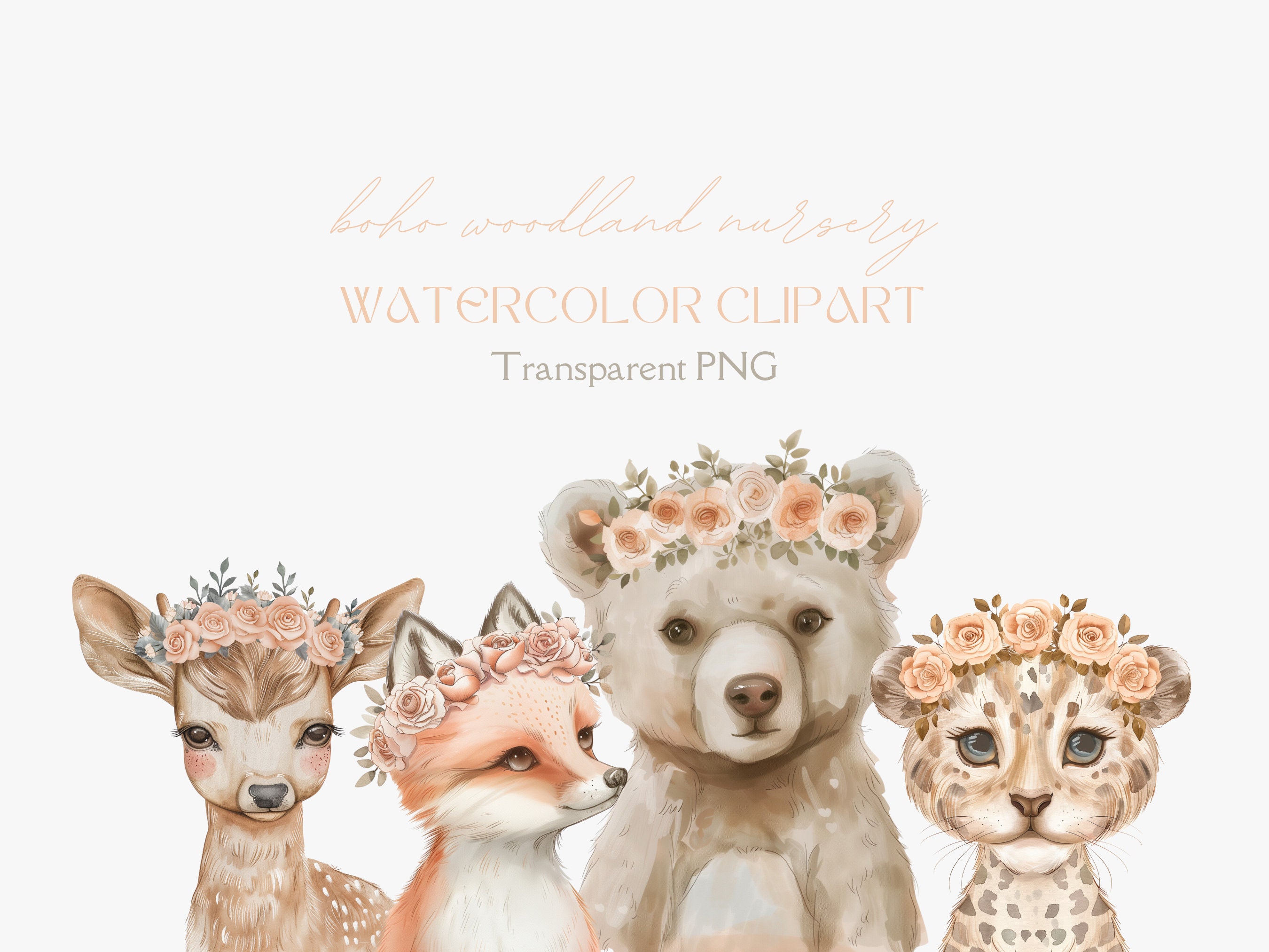 Boho Woodland Watercolor Clipart, Jungle Animals PNG, Woodland Nursery ...