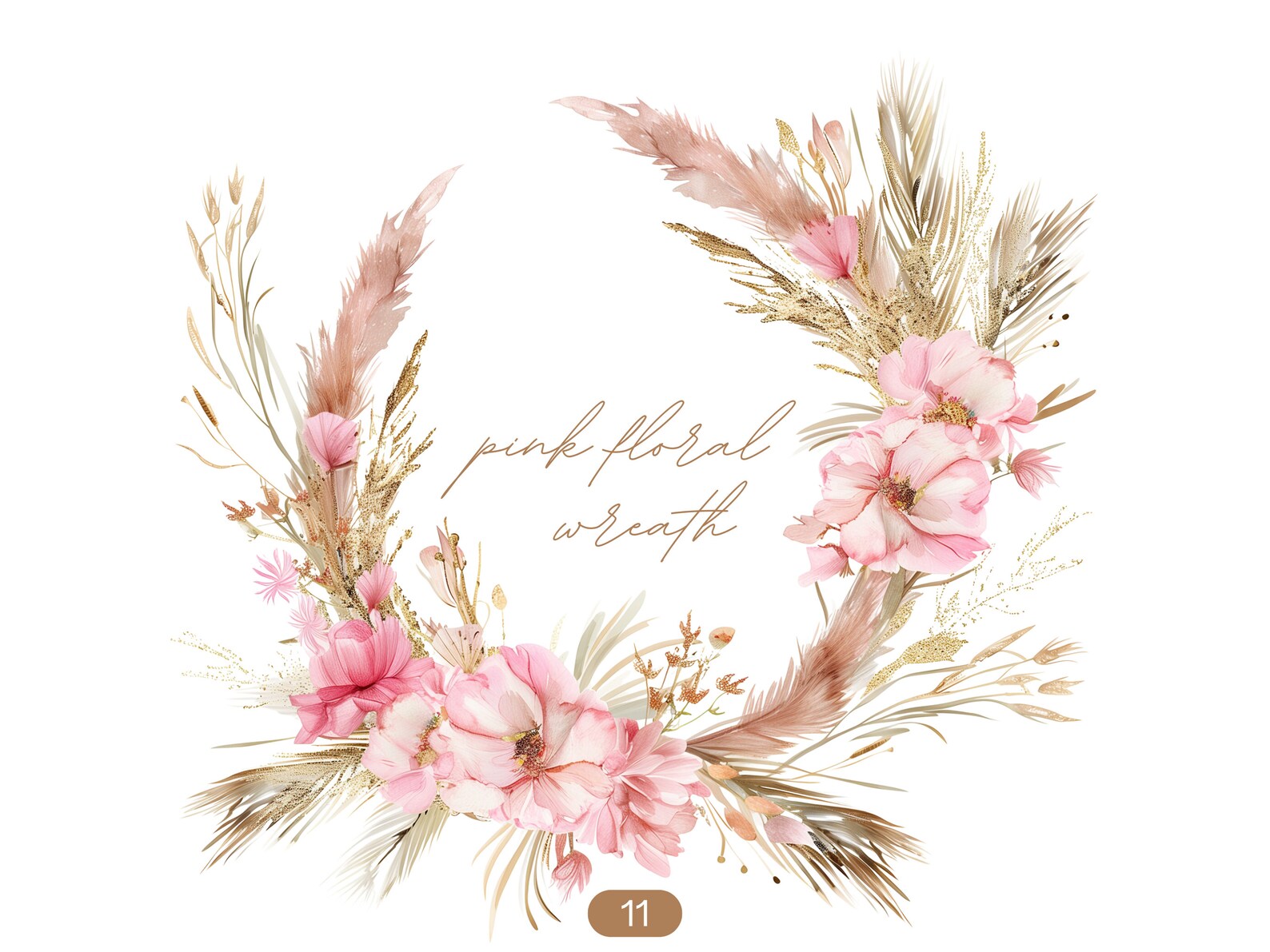 Watercolor Pink Floral Wreaths - Pampas PNG - Floral Clipart - Wedding ...