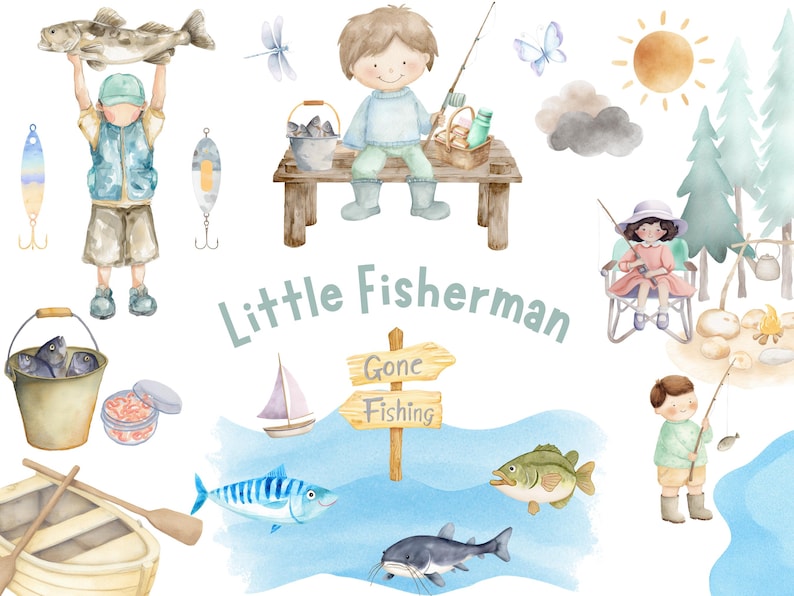 Watercolor Fishing Clipart, Little Fisherman Clipart, Fishing Clipart ...