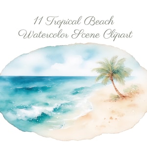 Watercolor Beach Scene Clipart: Tropical Island Palm Trees (PNG Digital ...