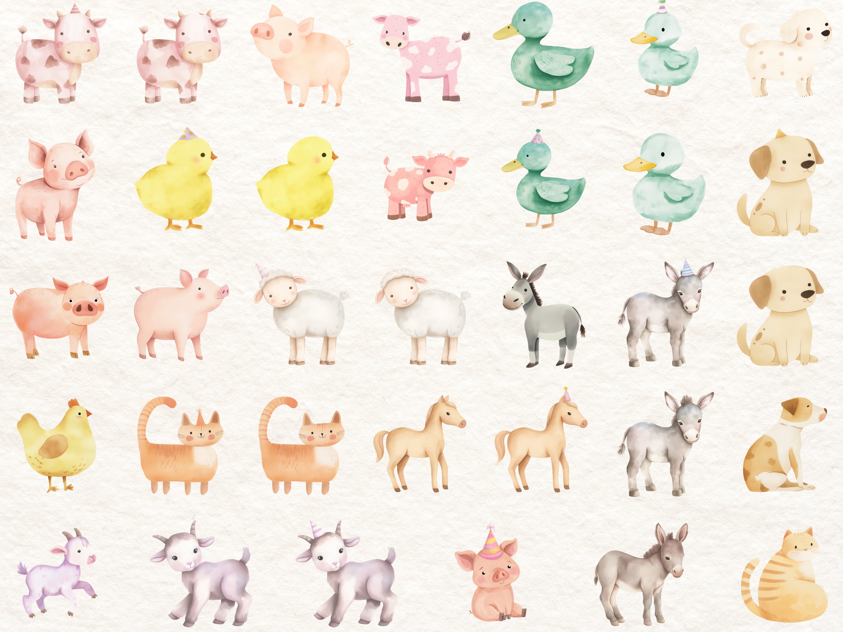 Watercolor Pastel Farm Animal Clipart Bundle, Nursery Decor, Baby ...