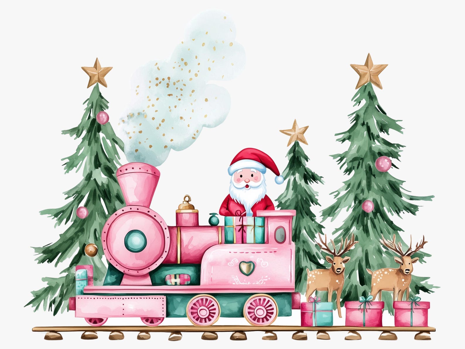 Pink Watercolor Christmas Train Clipart, Paper Craft, Junk Journal ...
