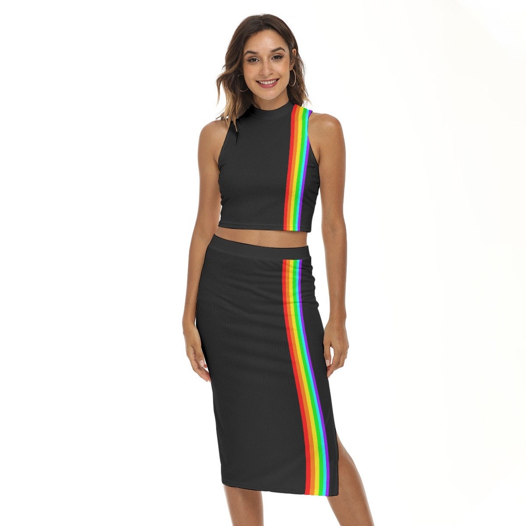 Rainbow Tank Top & Split High Skirt Set Crop Top Tank Top Set Pencil ...