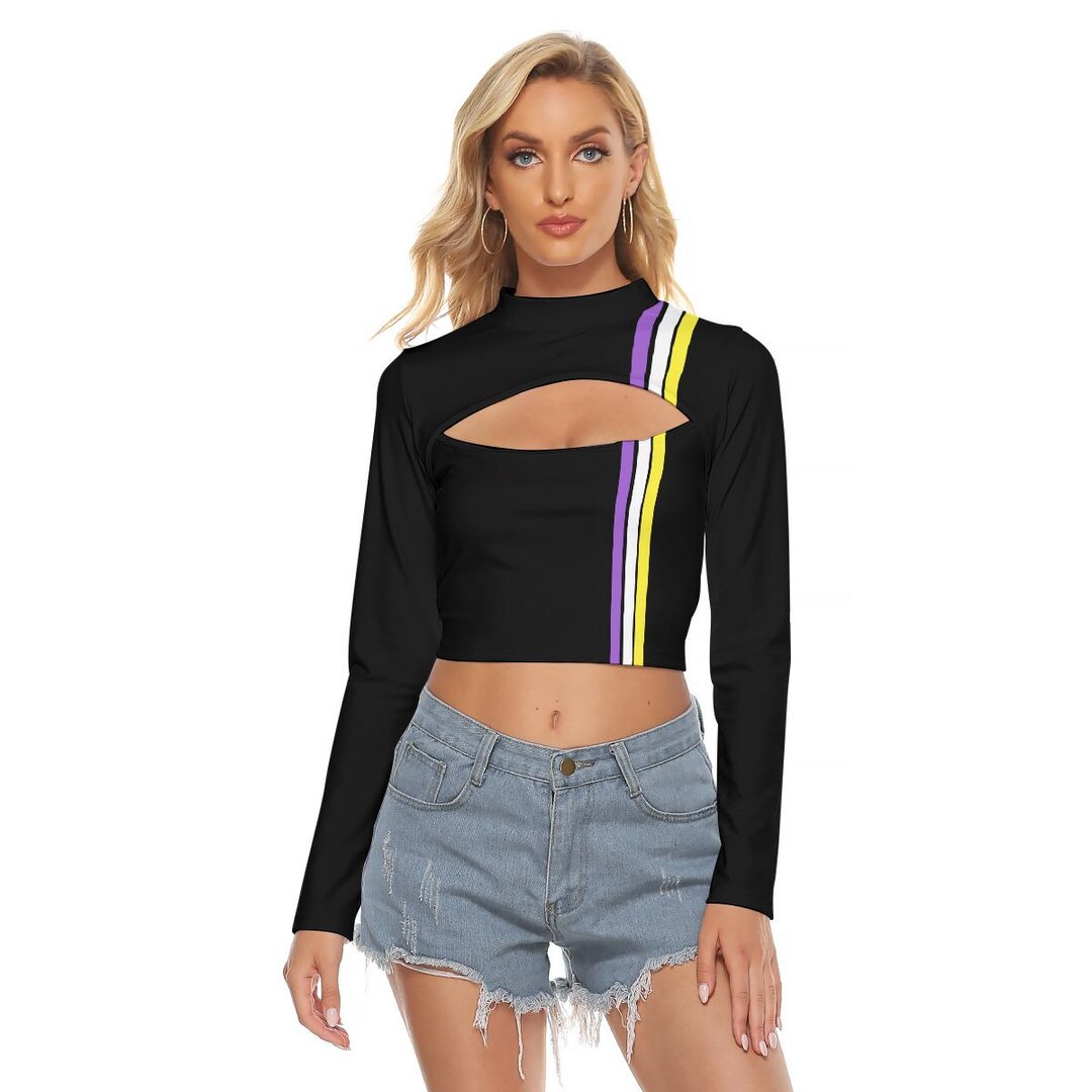 Keyhole Crop Top Hollow Chest Keyhole Tight Crop Top Shirt Long Sleeve ...