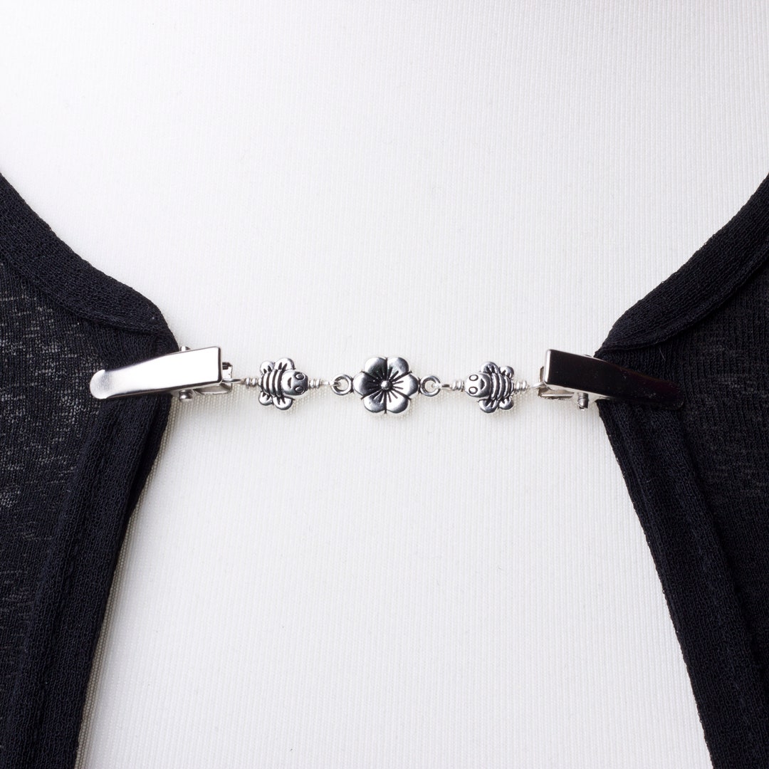 Bee and Flower Cardigan Clip Chain - Silver Sweater Clip | Shawl Chain ...