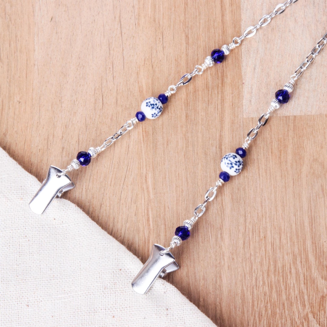 Blue China Napkin Clips - Porcelain and Bead Floral Silver Serviette ...