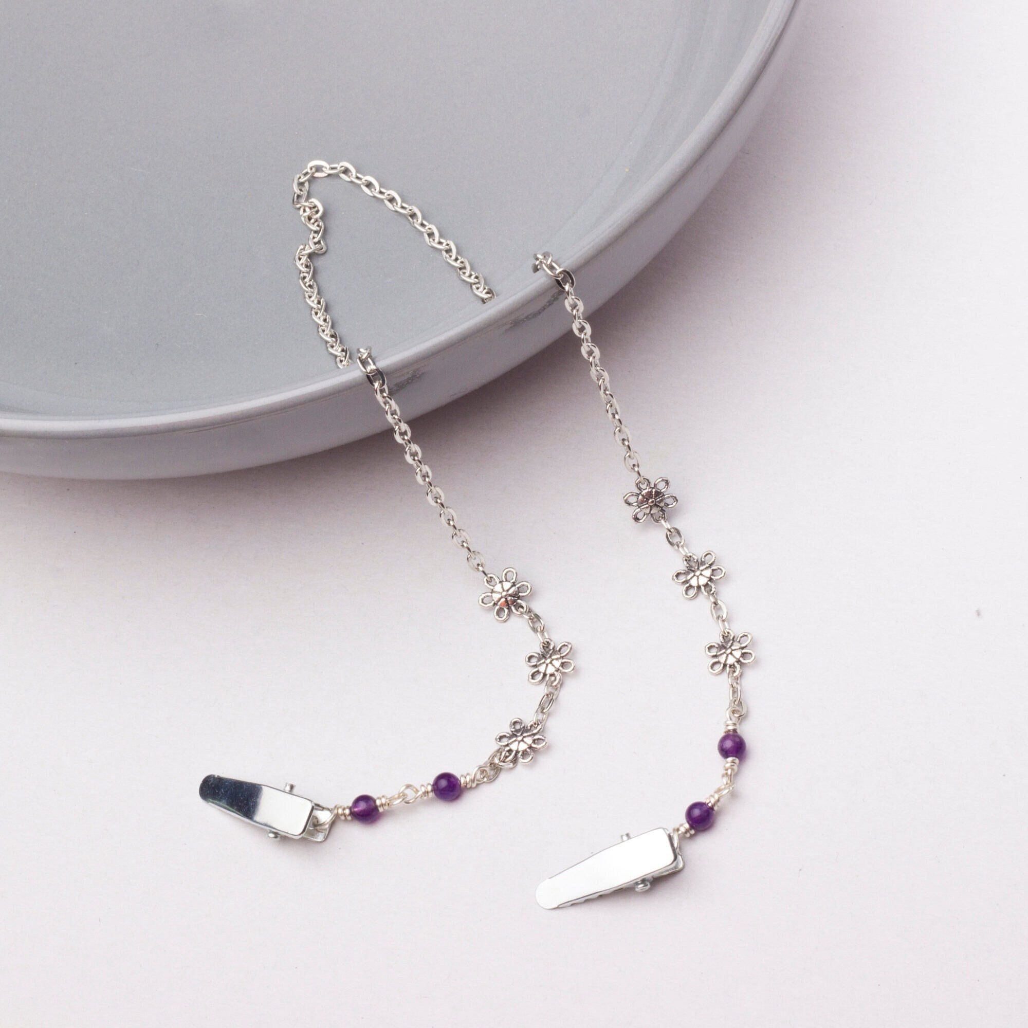 Napkin Chain Amethyst Gemstone Silver Flower Serviette Clip Elegant ...