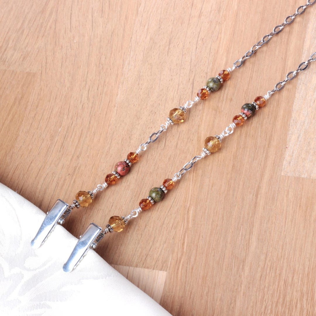 Napkin Neck Chain Clips Unakite Gemstone and Golden Bead Silver ...