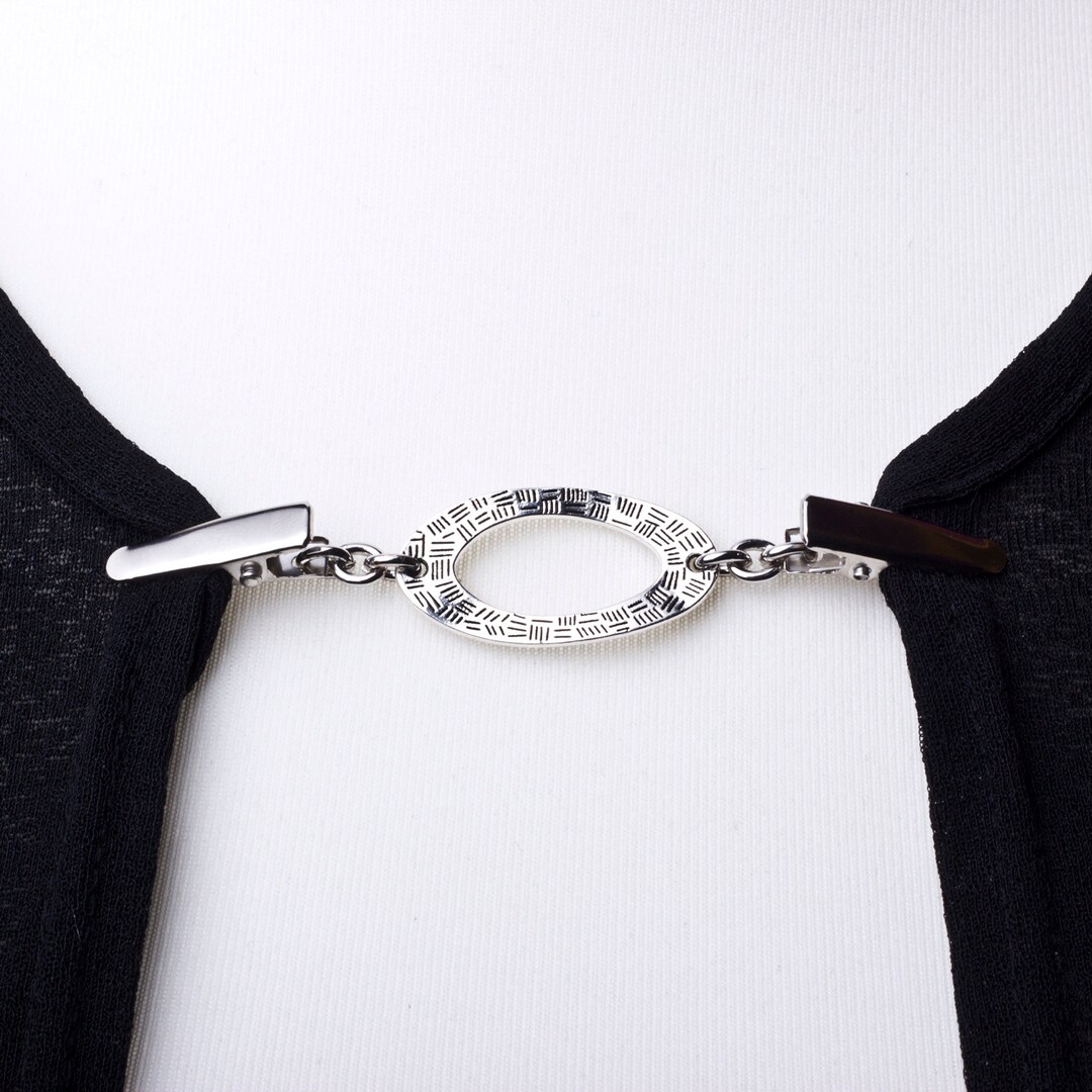 Cardigan Clasp Clips - Silver Textured Oval Sweater Clip | Shawl Chain ...