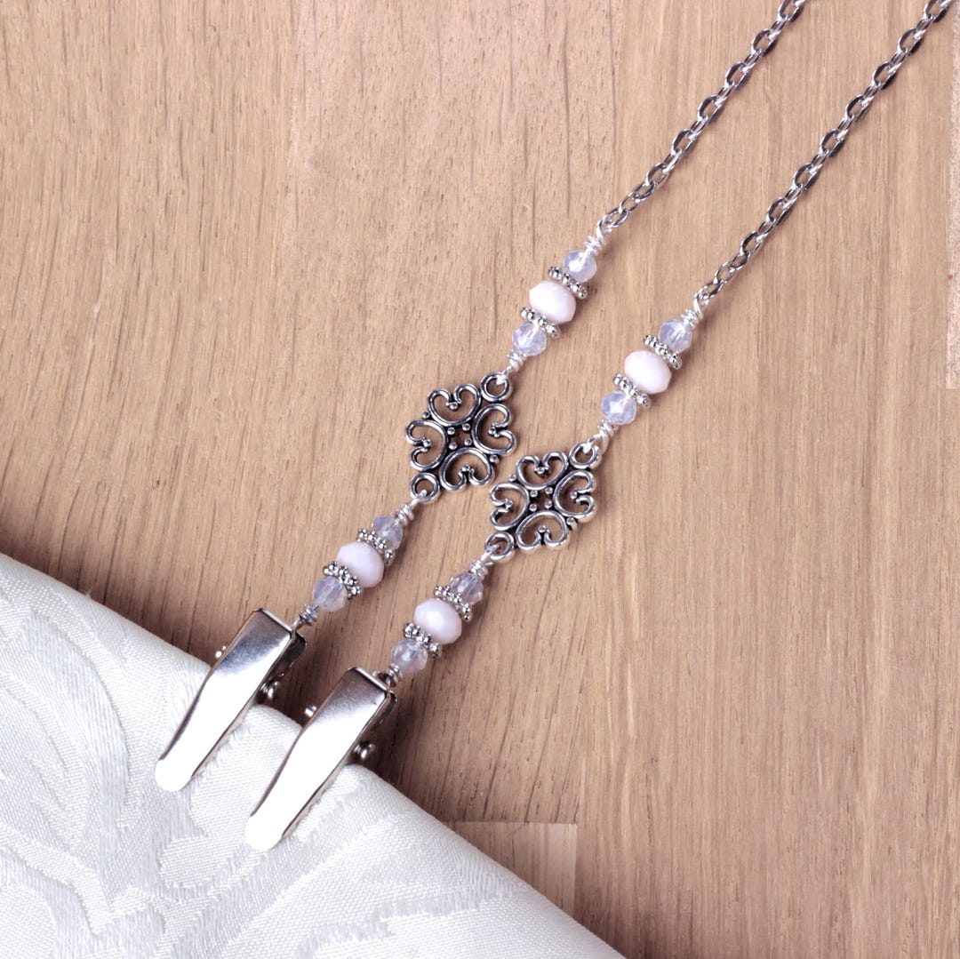 Napkin Neck Chain Clips - Pale Pink Beads and Fancy Link Silver ...