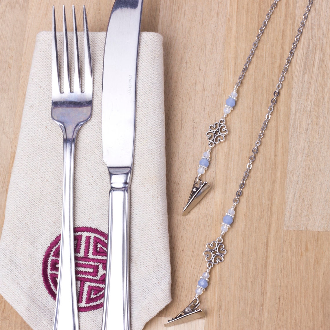 Napkin Neck Chain Clips Blue Beads and Fancy Link Silver | Etsy